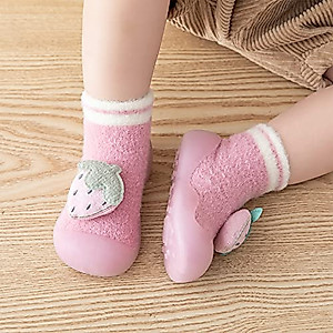 Lykmera Infant Boys Girls Animal Cartoon Socks Shoes Toddler Fleece WarmThe Floor Socks Non Slip Prewalker Shoes Socks (Pink, 12-18 Months)