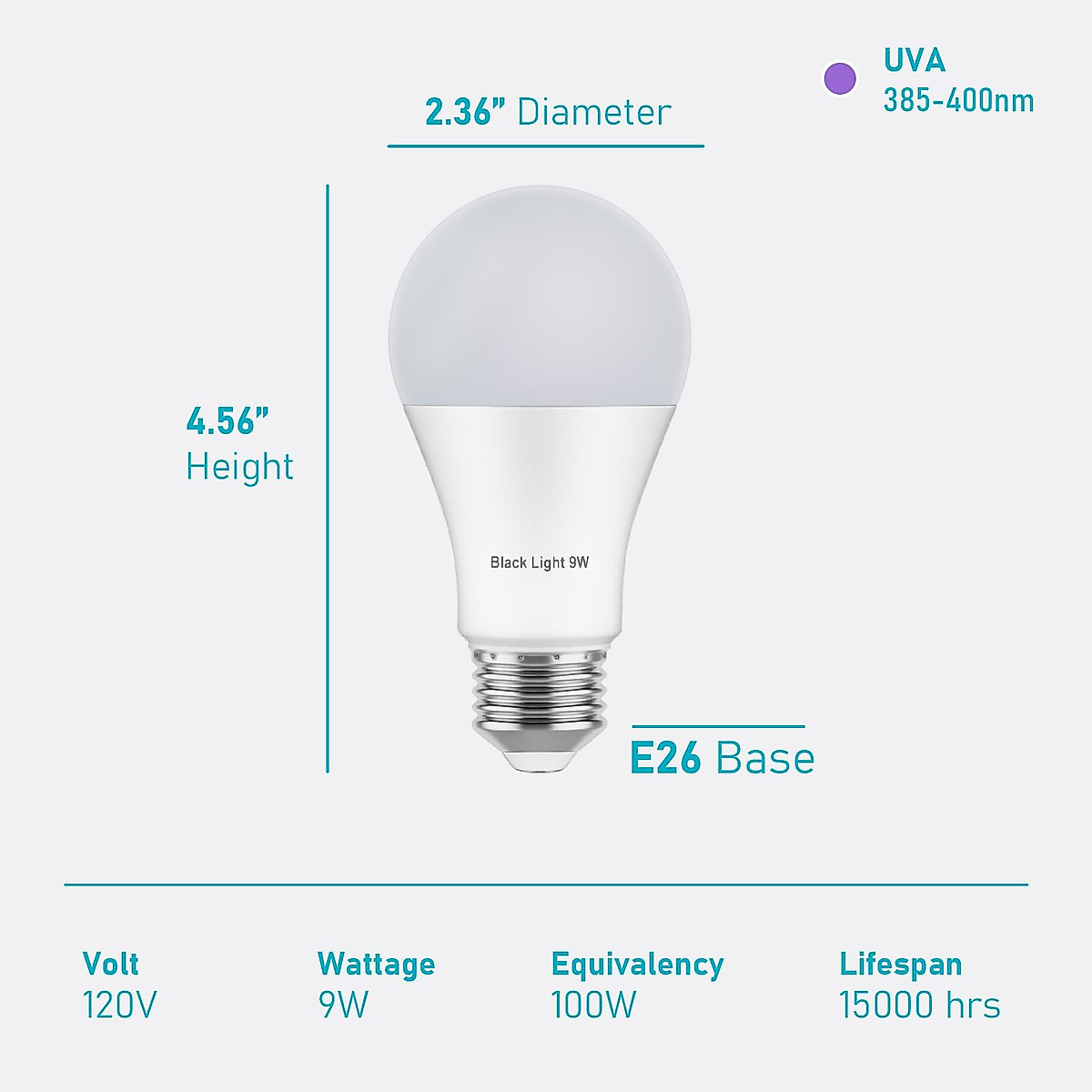 Maelsrlg Black Light Bulb 9W(100W Equivalent), LED UV Light Bulb Glow in The Dark, UVA Level (385-400nm), E26 Medium Base, Non-Dimmable, 1 Pack