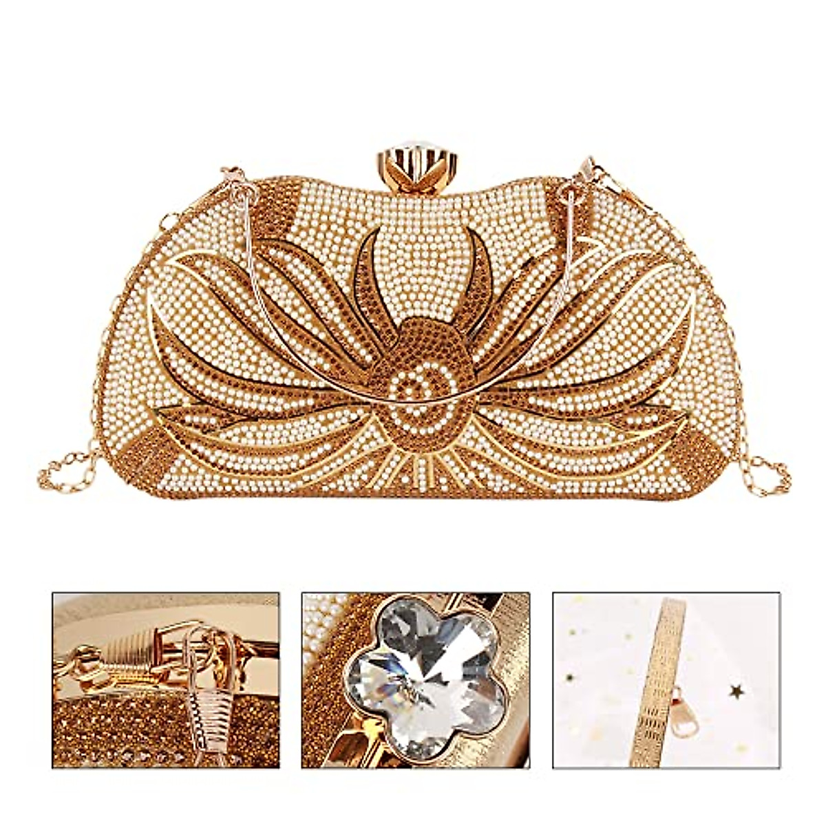 Felice Ann Mini Flower Rhinestone Studded Metal Top-Handle Bag Evening Clutch Chain Strap Cross Body Shoulder Bag