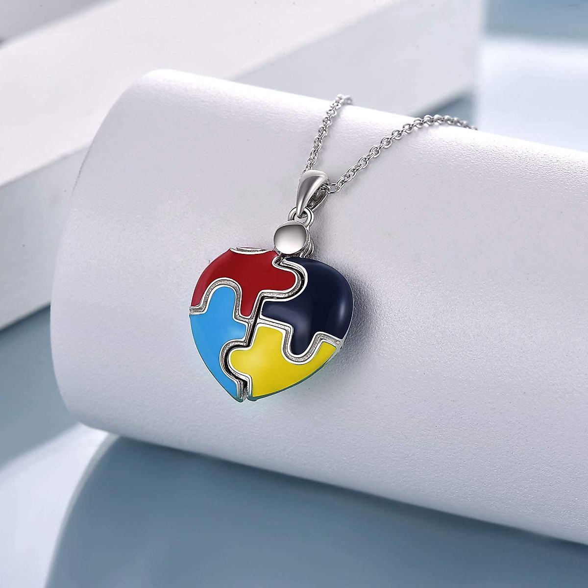 EXRANQO Personalized Autism Awareness Locket Necklace Sterling Silver Autism Awareness Colorful Puzzle Piece Photo Necklace That Holds Pictures Motivational Autism Healing Gifts