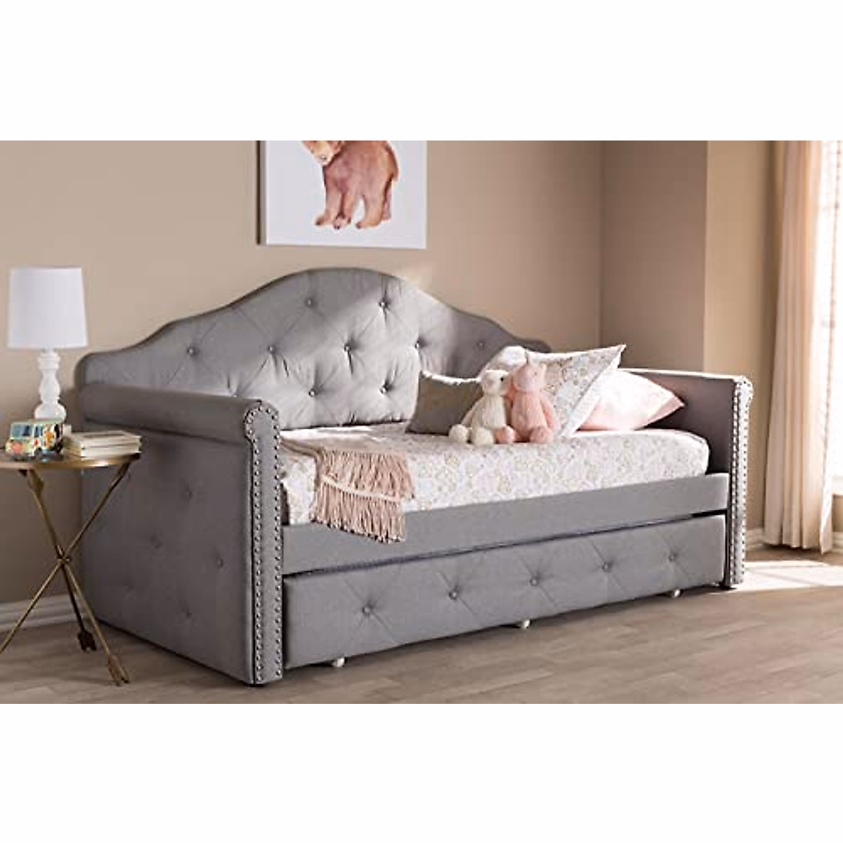 Baxton Studio Emilie Modern and Contemporary Grey Fabric Upholstered Daybed with Trundle Grey/Twin//Contemporary/Fabric Polyester 100%"/Rubber Wood/MDF/Foam