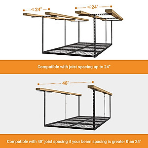eShelf 4ftx8ft Overhead Garage Storage Rack, Heavy-Duty Metal Garage Ceiling Storage Rack, 22''-40" Adjustable Ceiling Drop-Down, 600 lb. Loading Weight Capacity, Black
