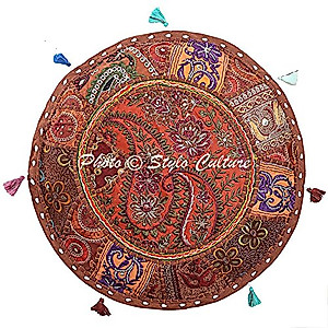 Stylo Culture Indian Pouffe Ottoman Cover Round Patchwork Embroidered Pouf Brown Cotton Floral Traditional Furniture Footstool Seat Puff (22x22x14) Bean Bag Home Decor