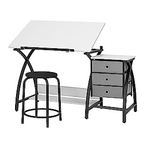 SD STUDIO DESIGNS 2 Piece Comet Center Plus, Craft Table and Matching Stool Set with Storage and Adjustable Top, Black/White, 50x23.75x29.5 inches