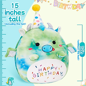 BSTAOFY 15'' Cute Happy Birthday Dinosaur Soft Plush Pillow Green Dinosaur Birthday Stuffed Animal Gifts for Boys Girls Baby Kids