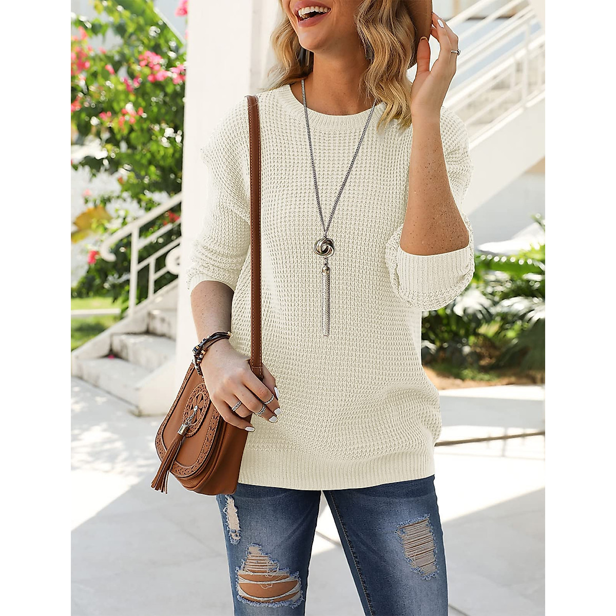 MEROKEETY Women's 2024 Long Sleeve Waffle Knit Sweater Crew Neck Solid Color Pullover Jumper Tops Beige