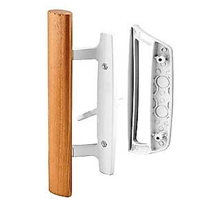 Mortise Style Reversible Sliding Patio Door Handle Set with Oak Wood Interior Handle and Exterior Pull in White Diecast Finish Fits 3-15/16” Screw Hole Spacing, Non-keyed with Latch Locks (White)