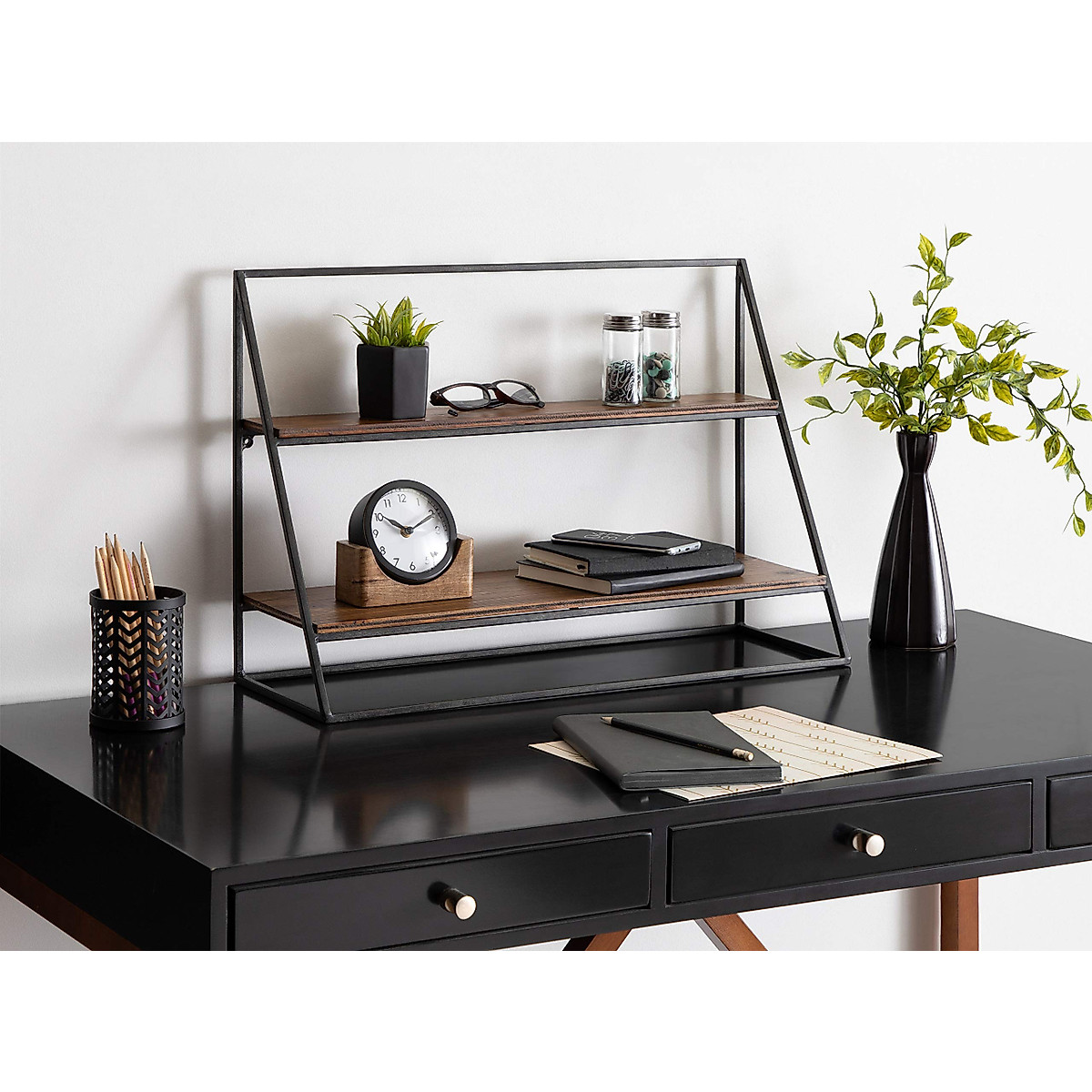 Kate and Laurel Lander Rustic Hanging Wall Shelf, 24" x 8" x 16", Rustic Brown and Black, Two Tiered Farmhouse-Inspired Shelves for Wall