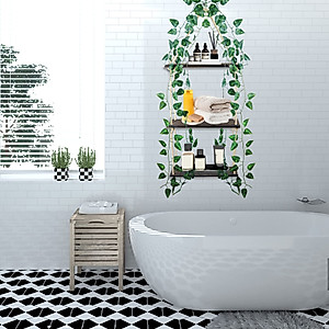 SNOMEL Set of 3 Wood Hanging Shelves with Artificial Ivy & Woven Rope, Rustic Floating Wall Shelves, Hanging Plant Shelf Rack Display for Storage Bedroom Living Room Farmhouse Home Decor