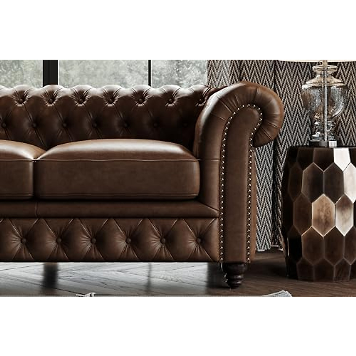 Valencia Parma Chesterfield Loveseat 64" | Premium Full-Aniline Leather | Mid-Century Accent Chair with Classic Button Tufted Back and Wood Legs for Living Room, Chocolate