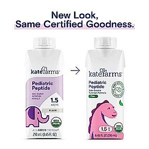KATE FARMS Organic Vegan Plant Based Pediatric Peptide 1.5 Formula, Unflavored Plain, Sole-Source Nutrition, Organic Enzymatically Hydrolyzed Plant-Based Protein Drink, Meal Replacement for Oral or Tube Feeding, 8.45oz. (Pack of 12)