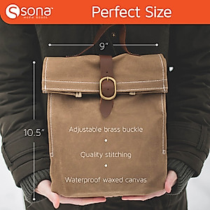 S SONA HOME GOODS Waxed canvas lunch bag, ecofriendly, reusable, brown, for women or men. The perfect large heavy duty lunch box for meal prep, work, or travel.