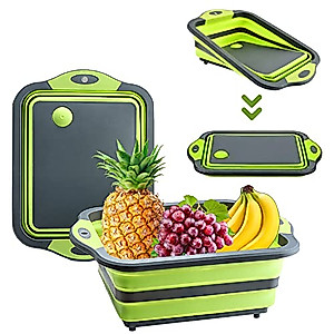 COMUSTER Collapsible Cutting Board - Portable Washing Veggies Fruits Food Grade Camping Sink (4.25 Gal) Space Saving 3 in 1 Multifunction Storage Basket for BBQ Prep/Picnic/Camping (Green)