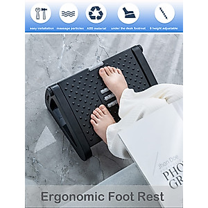 Ywbtflul Foot Rest for Under Desk at Work, Ergonomic 6 Heights Adjustable Footrest with Massage Roller, Portable Under Desk Foot Stool for Home,Office, Black