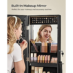 SONGMICS Mirror Jewelry Cabinet Standing Armoire Organizer, Jewelry Storage with Full-Length Frameless LED Lights, Built-in Makeup Mirror, 2 Drawers, Lockable, Black UJJC023B01