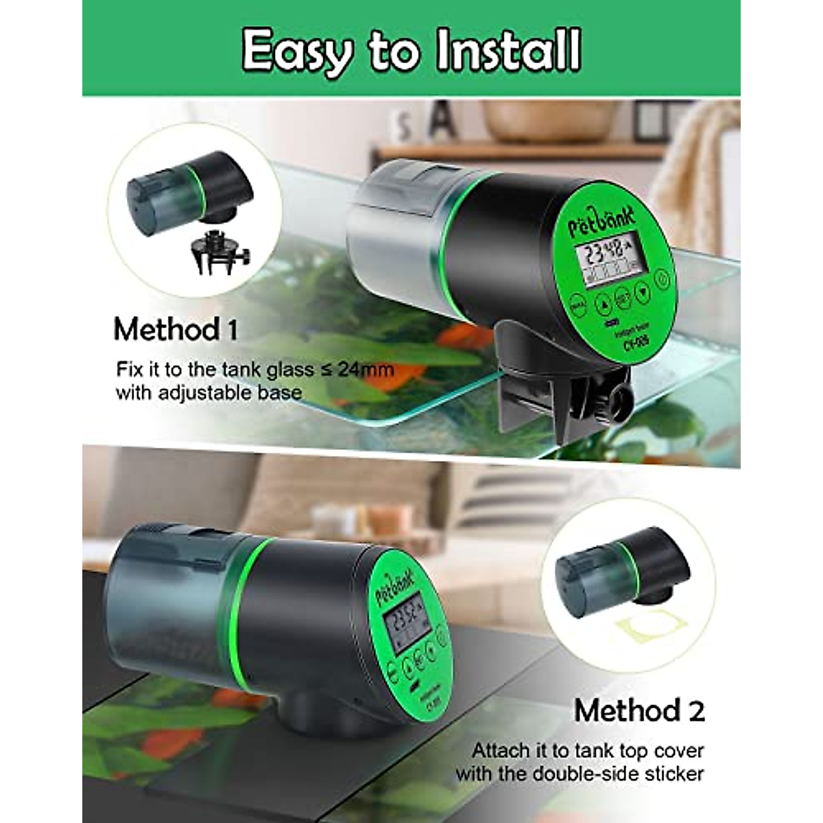 Petbank Automatic Fish Feeder - Rechargeable Timer Fish Food Dispenser with USB Charger Cable, for Aquarium or Fish Tank