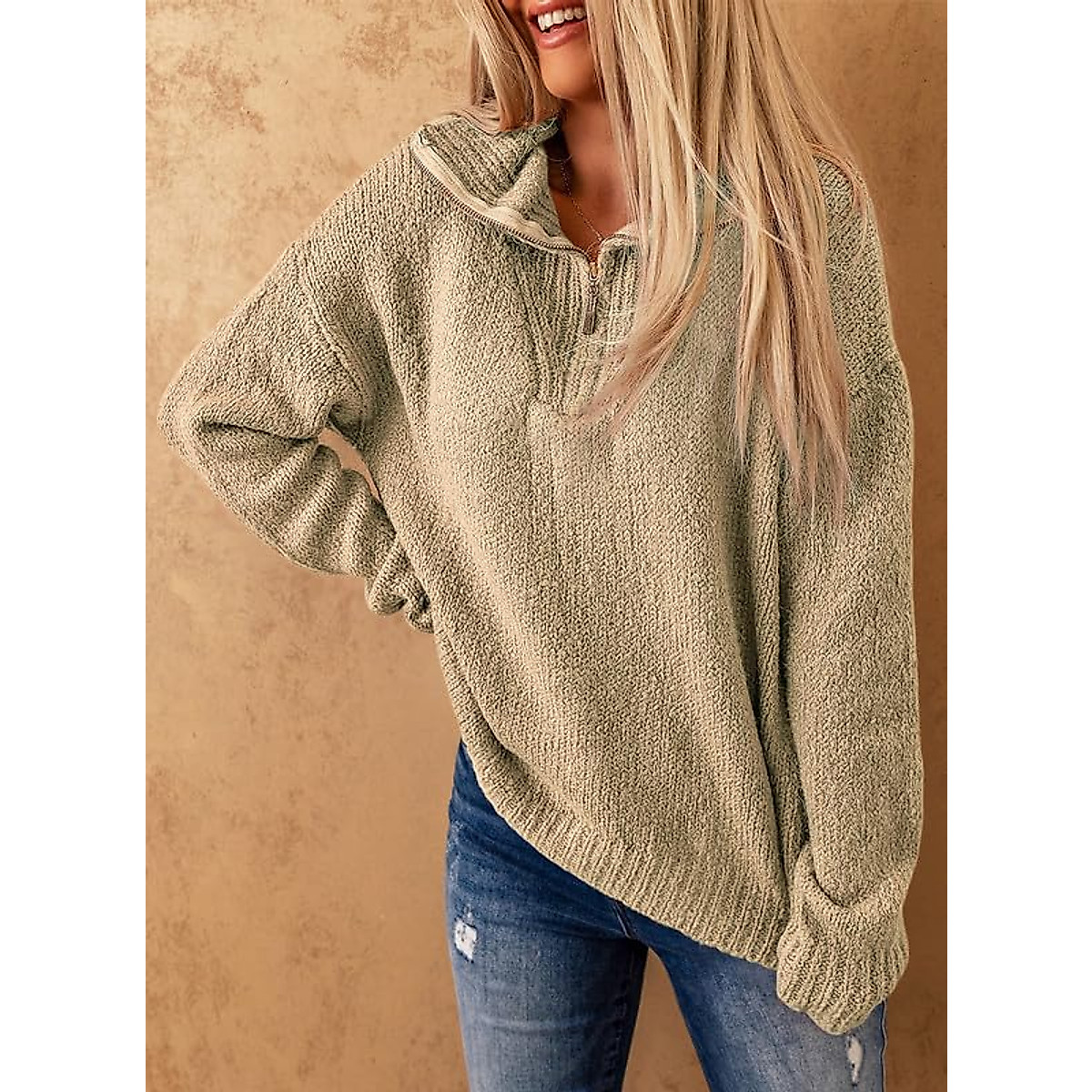 Dokotoo Oversized Quarter Zip Pullover Sweaters for Women Cute Waffle Knit Oversized Fall Winter Outfits Jumpers TopFashion V Neck Long Sleeve Warm Cozy Polo Ladies Khaki Sweater X-Large