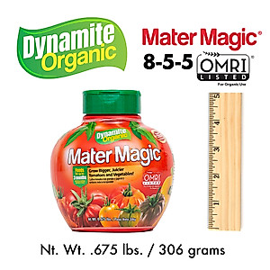 Dynamite Mater Magic - Organic Tomato Fertilizer for Bigger, Juicier Tomatoes and Vegetables, OMRI Listed, Nitrogen and Calcium-Rich Plant Food - .675 Pound Container with Shaker Lid