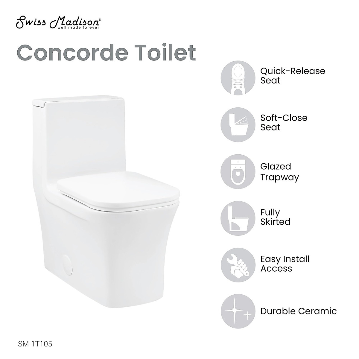 Concorde One Piece Square Right Side Flush Handle Toilet 1.28 gpf