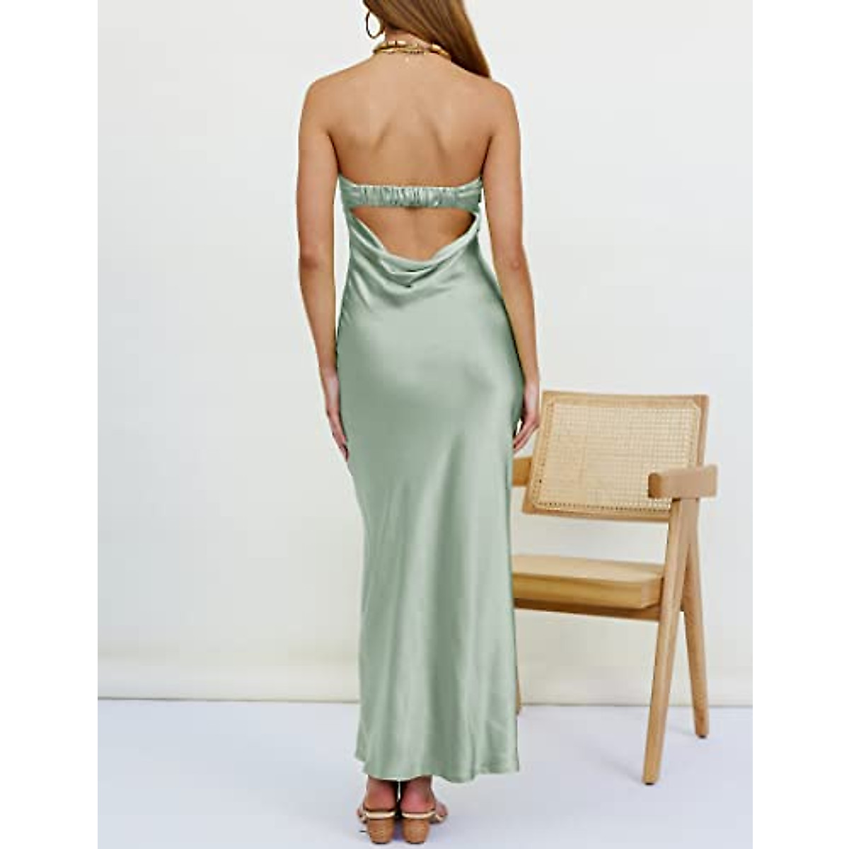 ZESICA Women's 2023 Summer Satin Strapless Dress Sexy Backless Bodycon Wedding Cocktail Party Maxi Dresses,Sage,Large