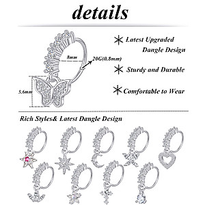Tornito 10Pcs Dangle Nose Rings Hoop Butterfly Heart Moon Flower Star CZ Cartilage Earring Dangling Nose Body Piercing Jewelry 20G Silver Tone