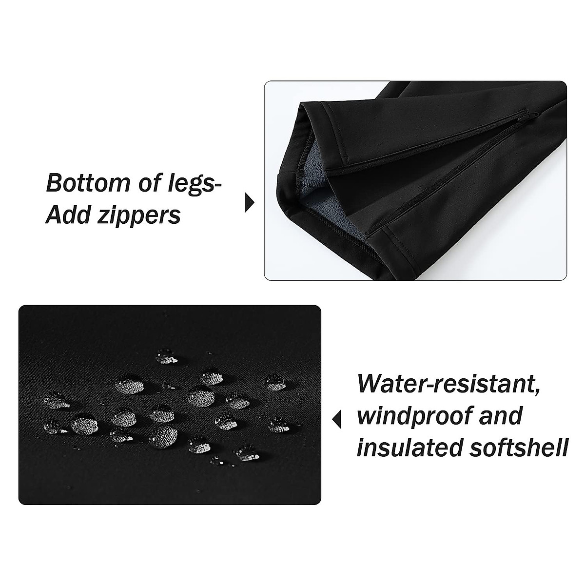 TBMPOY Men's Ski Snow Pants Waterproof Fleece Lined Insulated Softshell Snowboard Hiking Outdoor Zipper Bottom Leg Black 36