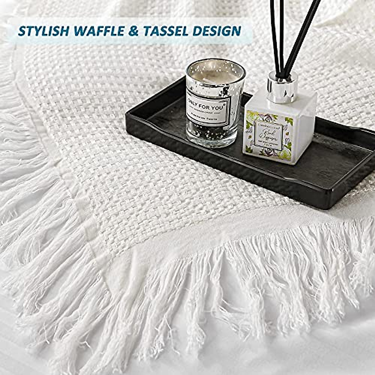 SE SOFTEXLY Cooling Blanket for Hot Sleepers, 100% Bamboo Blanket for Summer, Breathable Lightweight Summer Waffle Throw Blanket for Bed Couch Sofa(White, 47"×60")