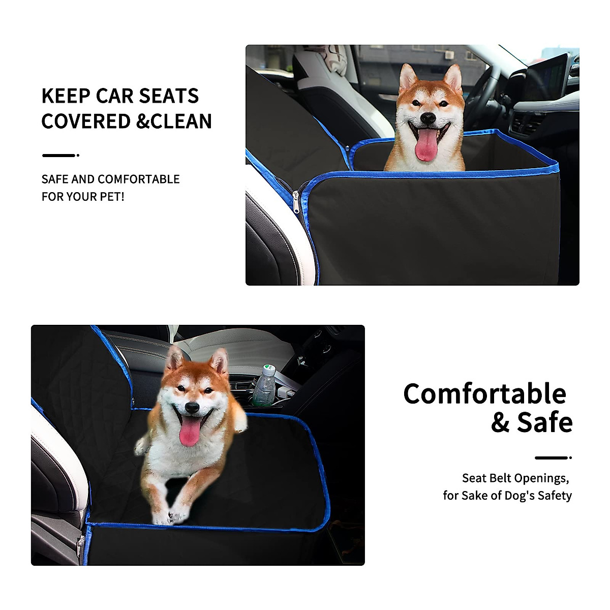 GURETER Dog Car Seat Cover for Front Seat, Dog Car Seat Cover Convertible Dog Booster Seat, Tear Resistant Pet Frontseat Cover for Car, SUV and Truck, Black with Blue Edge, Handbag Packed FCWLAGU7