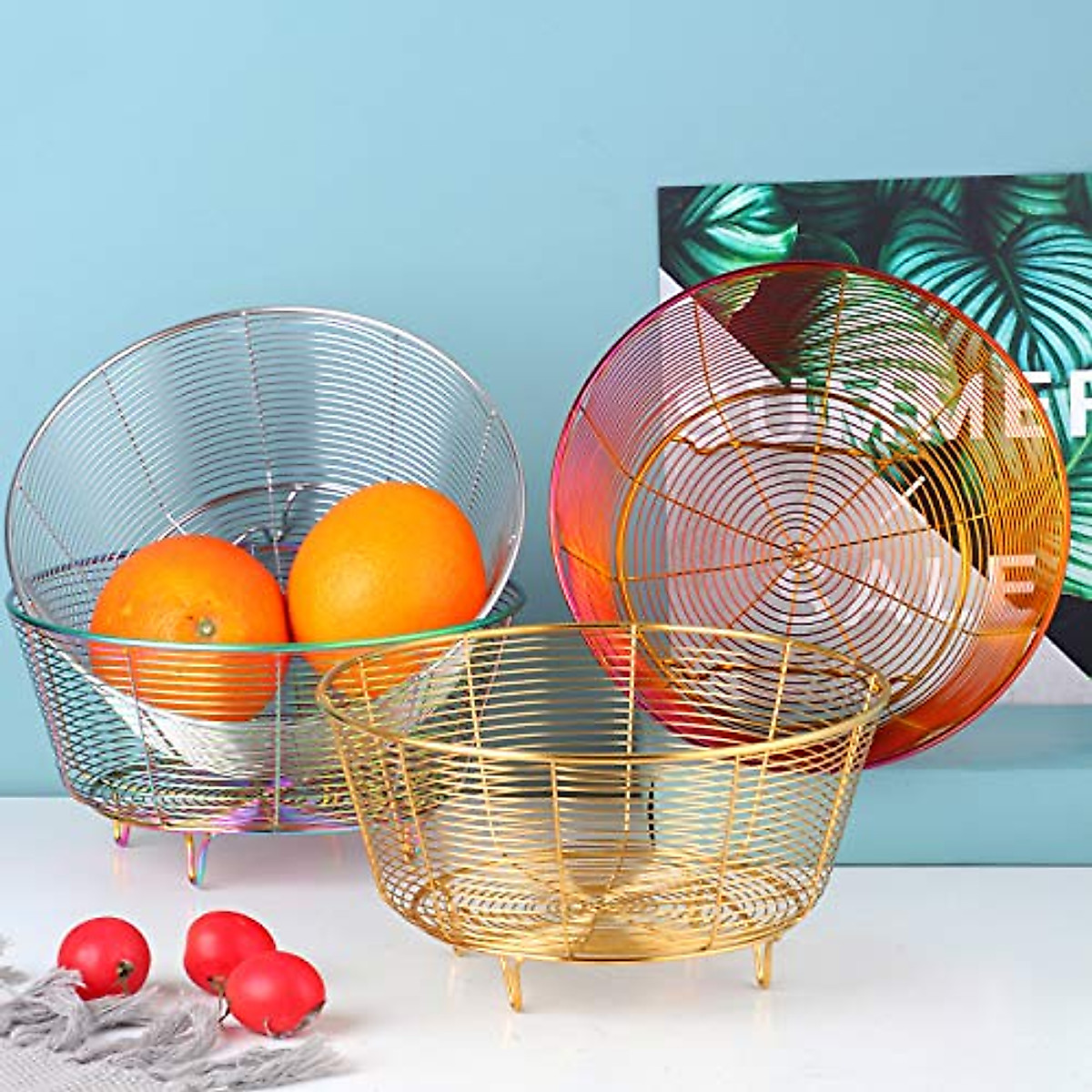 QIBOORUN Fruit Basket Bowl Stainless Steel Fruit Storage Basket Wire Bowl for kitchen with Bread Vegetables , Sleek Design With Sturdy Steel Construction -Rainbow