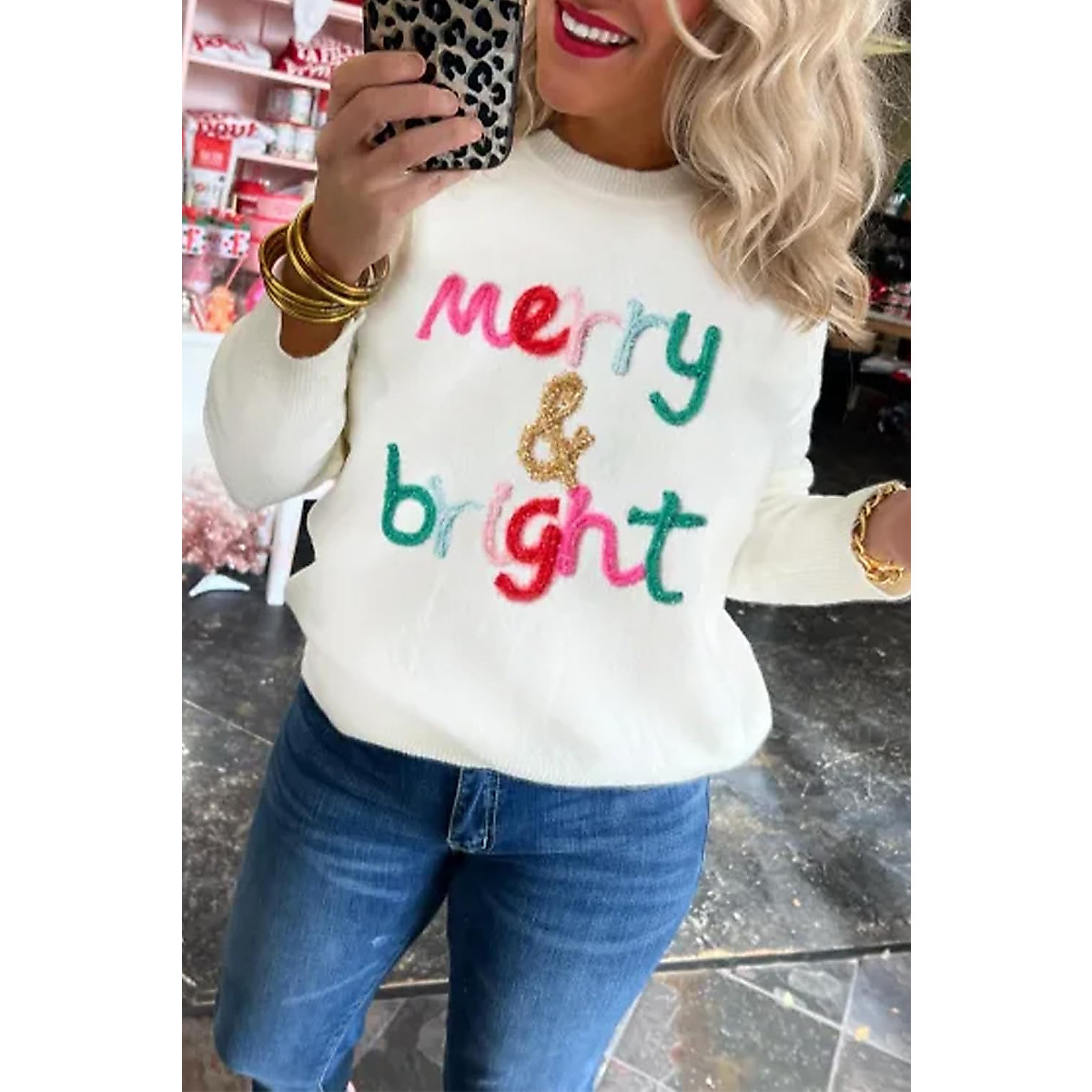 Women's White Merry Bright Round Neck Casual Christmas Sweater Solid Slogan Long Sleeve Sweatshirt Pullover Tops
