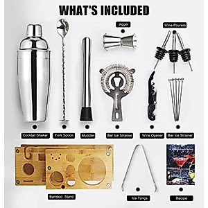 Cocktail Shaker Set Bartender Kit with Stand,17-Piece Stainless Steel Bar Kit Drink Mixer Set, Including Martini Shaker, Jigger, Strainer, Mixer Spoon, Muddler, Liquor Pourers, and Recipes Booklet etc