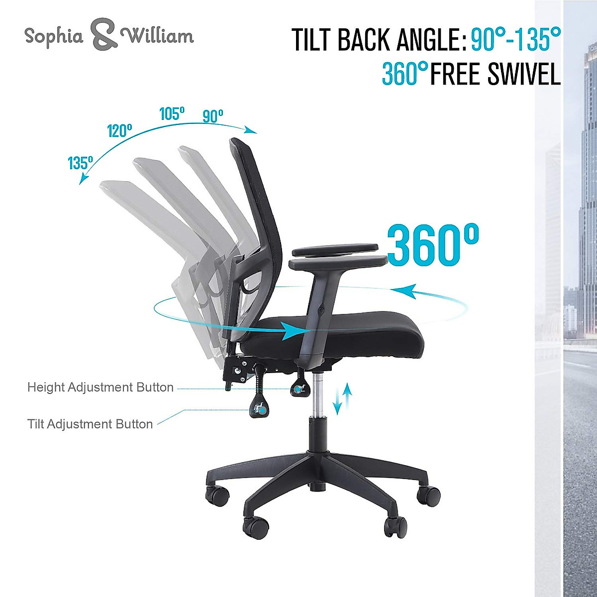 Sophia & William Ergonomic Mesh Office Desk Chair High Back, Modern 360° Swivel Executive Computer Chair with Height Adjustable Armrests, Lumbar Support, Black - 1 Pack, Load Capacity: 300 lbs