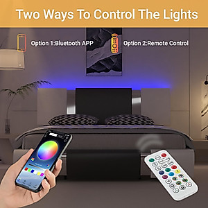 Benevika King Size Bed Frame with Headboard, Faux Leather Modern Low Profile Platform Bed with LED Lights, Strong Wooden Slats Support, No Box Spring Needed, White & Black