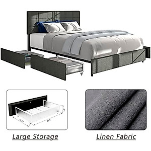 PIETFIU Modern Queen Bed Frame with Adjustable Headboard and 4 Storage Drawers,Linen Upholstered Platform Bed Frame with Solid Wood Slat and Button Tufted Design,No Box Spring Needed (Queen)