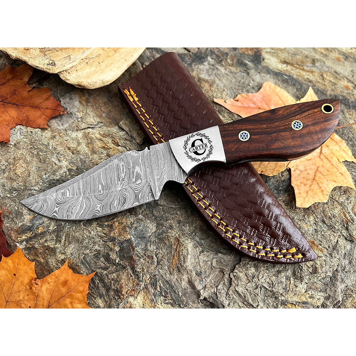 WINTERFELL Personalized Fixed Blade Damascus Hunting Knife with Sheath, Engraved Custom Gifts For Hunter, Customized Gift For Husband, Dad, Son, Unique Father's Day Gift (Brown)