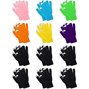 12 Pairs Winter Touchscreen Gloves For Men Women Stretch Knitted Texting Gloves Warm Windproof Solid Color Mittens(7 x 4 Inch,Black, Pink, Green, Purple, Orange, Blue, Yellow)