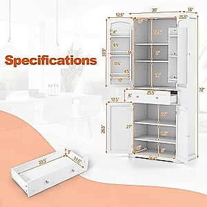 SILKYDRY 72" Tall Kitchen Pantry Cabinet, Freestanding Cupboard w/ 4 Doors & 1 Drawer, 6 Hanging Shelves & 4 Adjustable Shelves, Versatile Storage Cabinet for Dining Room, Laundry, Living Room, White