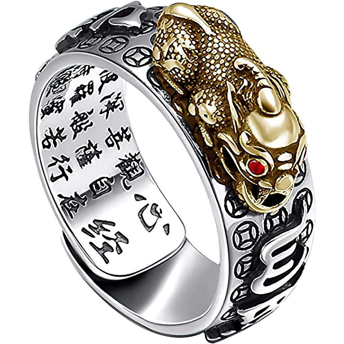 Jeshowmen Feng Shui Ring, Anillo Pixiu Ring, Adjustable Buddhist Heart Sutra Ring for Wealth and Protection Good Luck Money Amulet (A)
