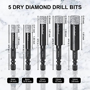 Quapkatt Dry Diamond Drill Bits Set 5 PCs for Granite Tile Ceramic Marble Stone Glass Size 1/4, 5/16, 3/8, 1/2, 5/9 inch with Quick Change Hex Shank Vacuum Brazed Diamond Core Drill Bit Kit