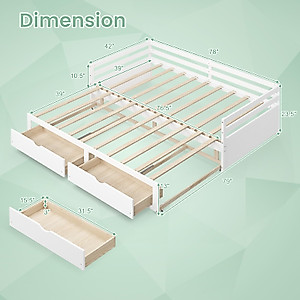 KOMFOTT Wood Daybed with Trundle, Extendable Twin to King Daybed Frame with 2 Storage Drawers, Space Saving Dual-use Sofa Daybed for Bedroom, Guest Room, No Box Spring Required (White)