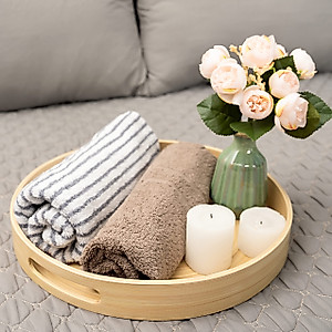 Round Serving Tray with Handles Bamboo Trays Serving Large Decorative Tea Trays for Coffee Table Bar Home Decor Bathroom Centerpieces Outdoor Organizing Tray for Vanity Fruit Set 2 (Bamboo Natural)