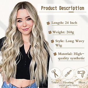 HANYUDIE Ombre Blonde Wig Long Wavy Wig For Women Middle Part Wavy Wigs Synthetic Heat Resistant Party Wigs (Ombre Ash Blonde)