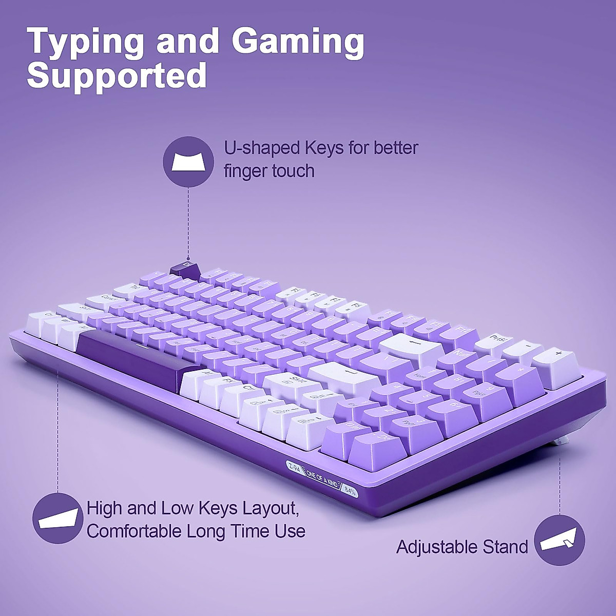 HUO JI Mechanical Gaming Keyboard USB Wired Compact with Number Pad, Purple Led Backlit, Red Switch, Detachable Type C Cable, 94 Keys for PC/Computer/Laptop, Purple and White