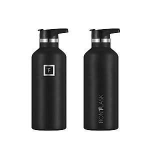 IRON °FLASK Camping & Hiking Hydration Canteens - 3 Lids (Narrow Straw Lid) Leak Proof Vacuum Insulated Stainless Steel - Hot & Cold Double Walled Sports Water Bottle - Midnight Black, 32 Oz
