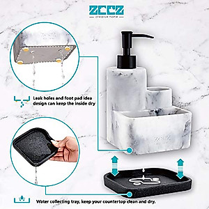 ZCCZ White Soap Dispenser with Sponge Holder, Kitchen Soap Dispenser Pump, Sponge Caddy and Brush Holder 3 in 1 Set Organizer for Sink Countertop, Removable Tray, Marble Look