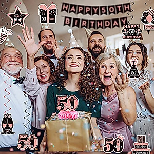 50th Glitter Rose Gold Birthday Banner Party Decorations, Happy 50th Birthday Decorations Hanging Swirls Banner Honeycomb Centerpieces for Women Happy 50 Years Old Bday Party