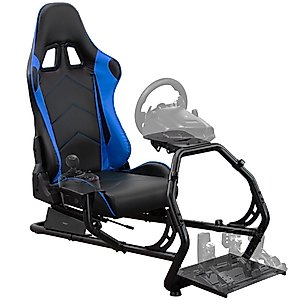 VIVO Racing Simulator Cockpit with Wheel Stand, Gear Mount, Chair and Frame Only, Fits Logitech, Thrustmaster, Fanatec, Compatible with Xbox One, Playstation, PC Video Game, Blue Stripe, STAND-RACE1BL