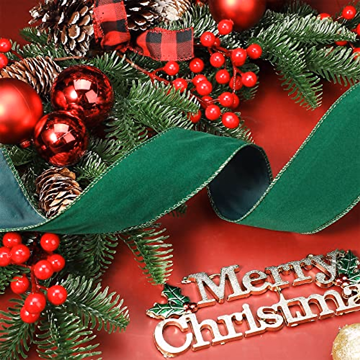 Syhood Christmas Wired Velvet Ribbon with Gold Edge Waterproof Velvet Decoration Ribbon Wrapping for Xmas Wreath Bows Floral Craft Ornaments(2.5 Inch X 60 Yard,Green)