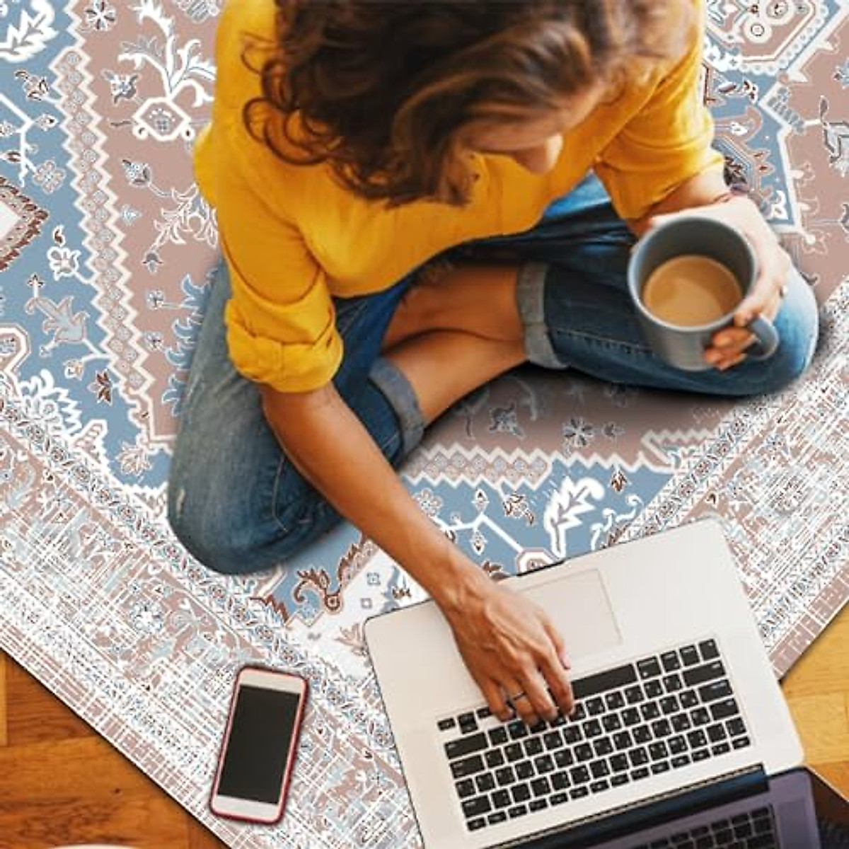 Washable Rug 9'x12' Area Rug for Living Room Bedroom Rug Lightweight Large Area Rug Thin Vintage Rug No Smell Machine Washable Rug Accent Rug for Dining Room Home Kitchen, Blue