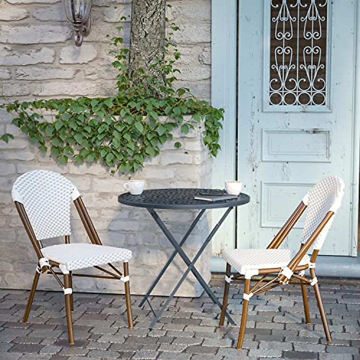Flash Furniture Lourdes Set of 2 Indoor/Outdoor Commercial Bistro Stack Chairs - White/Gray PE Rattan Back and Seat - Natural Bamboo Print Aluminum Frame